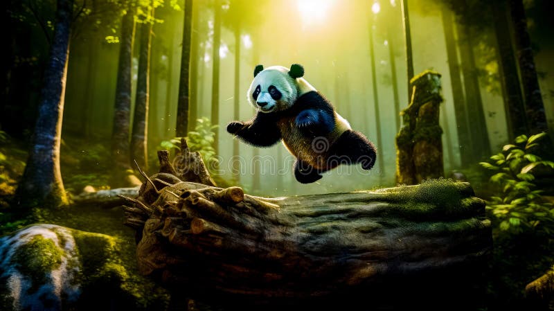 Panda Bear Jumping in the Air Over Tree Trunk in Forest. Generative AI ...
