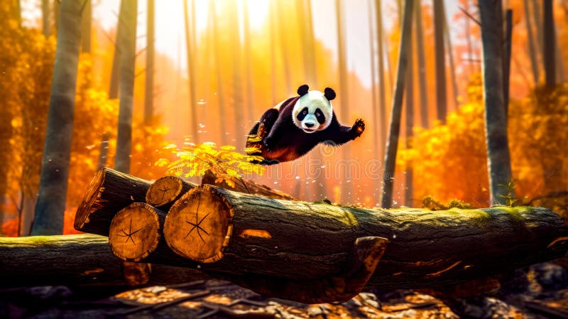 Panda Bear Jumping Over Fallen Tree in Forest with Yellow Leaves ...