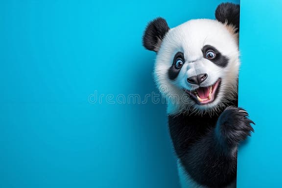 A Panda Bear Peeking Out from Behind a Blue Wall Stock Photo - Image of ...