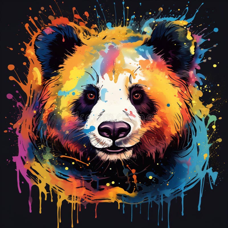 Panda Bear Portrait with Colorful Splashes on Black Background ...