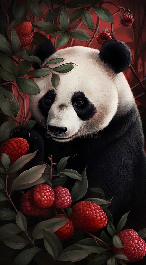 Panda Bear with Red Berries on a Background of Green Leaves. Stock ...