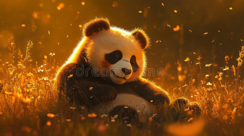 Panda Bear Resting Peacefully in Golden Sunset Meadow Stock ...