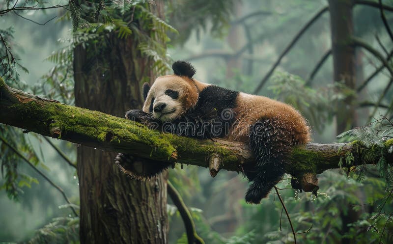Panda Bear Resting on Tree Branch in Lush Forest Stock Image - Image of ...