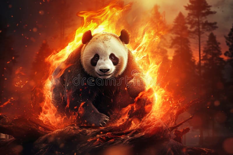 A Panda Bear is Sitting Atop a Pile of Fire, Escaping a Forest Fire ...
