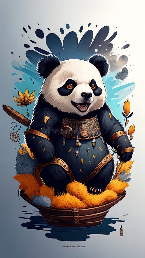 Panda Bear Sitting in a Basket with Autumn Leaves. Vector Illustration ...