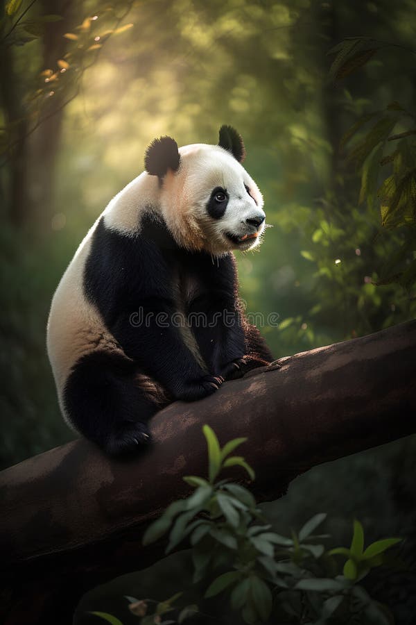 Panda Bear Sitting on a Branch in the Forest. Panda Bear Stock ...