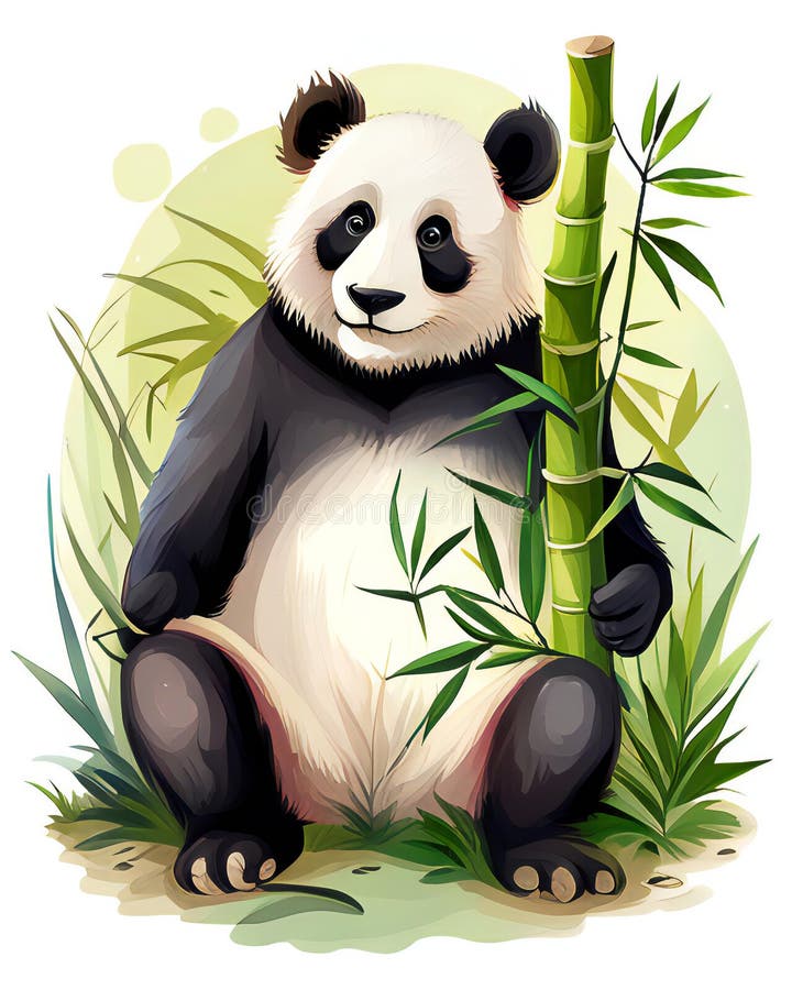 A Panda Bear is Sitting in a Field Grass with a Bamboo Stalk in Front ...