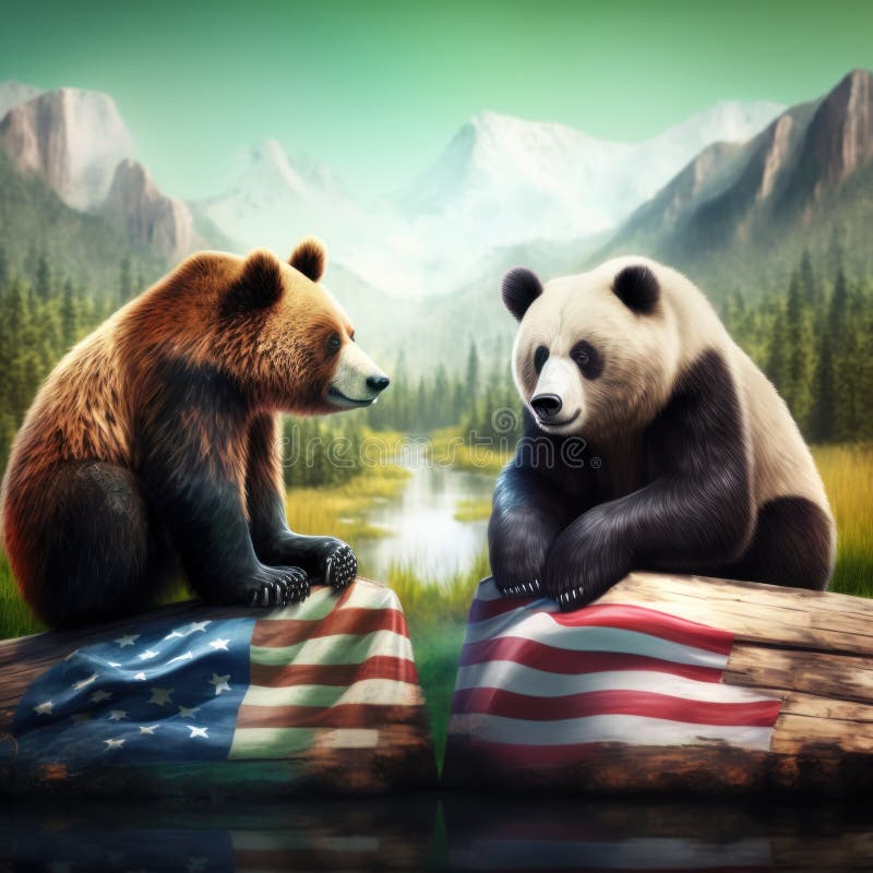 Panda Bear and Bear Sitting on a Log with an American Flag Stock ...