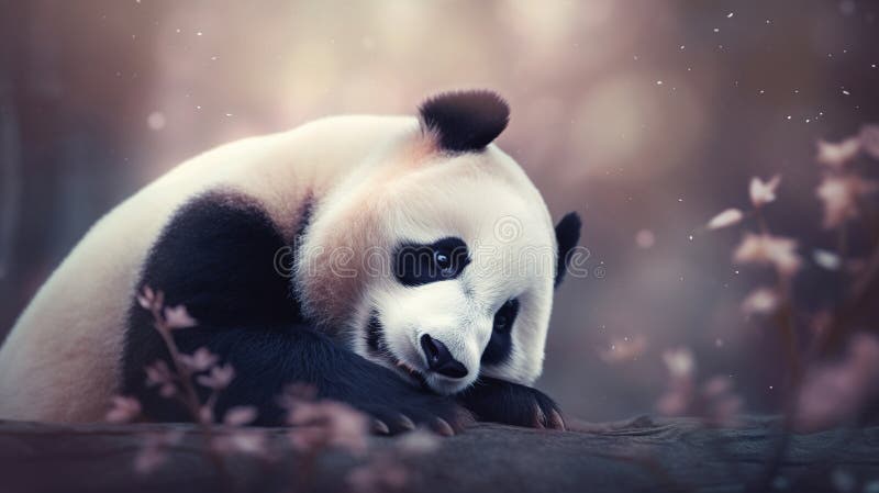 A Panda Bear Sitting on a Log in a Forest of Flowers Stock Illustration ...