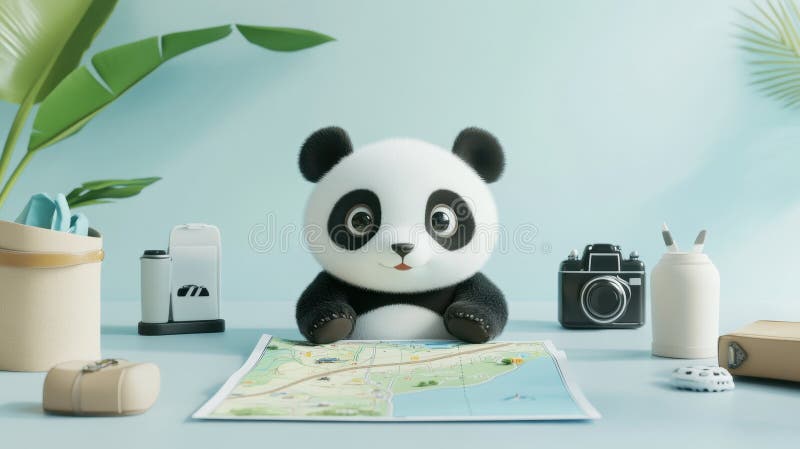 Panda Bear is Sitting Looking at a Travel Map and Planning a Route To ...