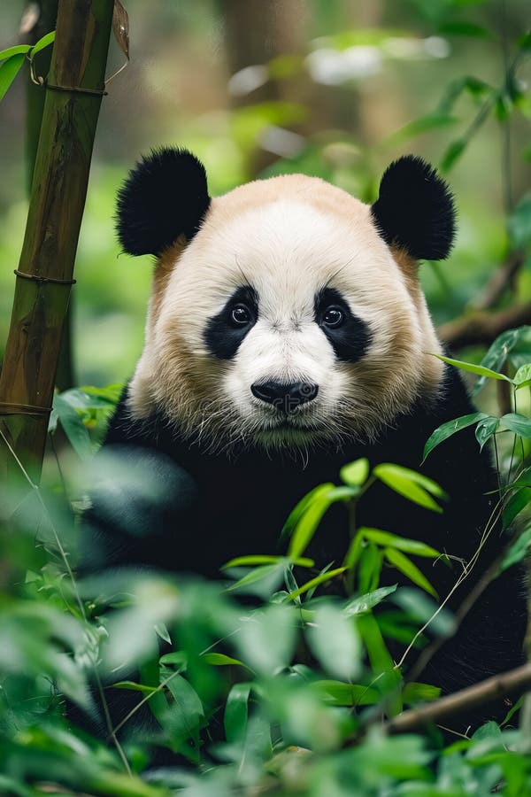 A Panda Bear Sitting in the Middle of a Lush Green Forest Stock Photo - Image of bear, looking ...