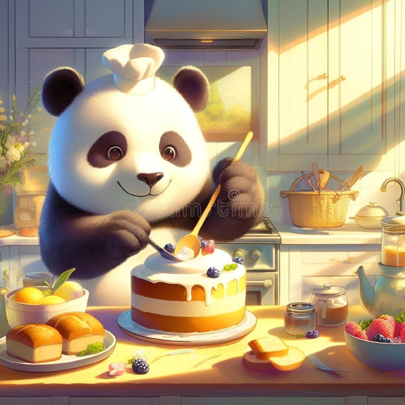 Panda Bear Sitting at a Table Cutting into a Cake Next To Some Fruit ...