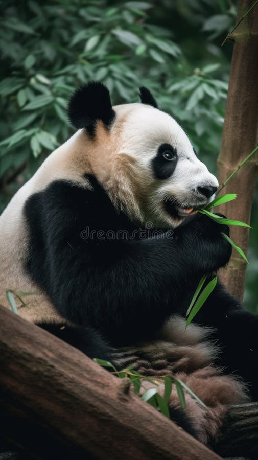 A Panda Bear Sitting on a Tree Branch Eating Bamboo. Generative AI ...