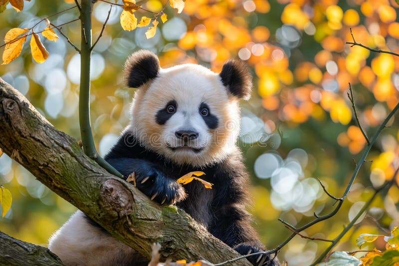A Panda Bear Sitting on a Tree Branch in the Fall. Generative AI Stock ...