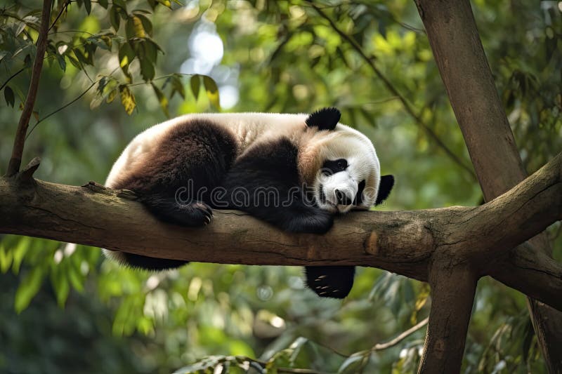 Panda Bear Sleeping on a Tree Branch, China Wildlife Stock Illustration ...