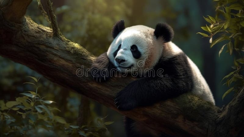 Panda Bear Sitting in Tree. Panda Bear Sleeping on a Tree Branch Stock ...