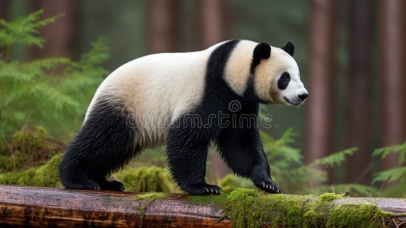A Panda Bear Standing on a Log in a Forest Area Stock Illustration ...
