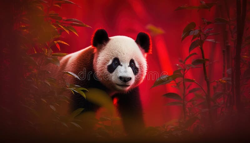 A Panda Bear Standing in the Middle of a Bamboo Forest Stock ...