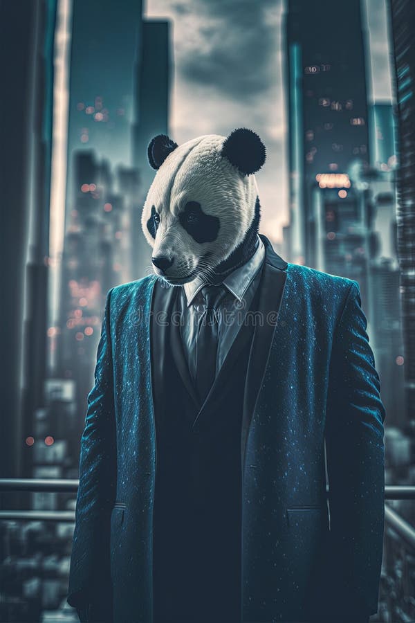 Panda Bear in a Suit Stands in a City Stock Illustration - Illustration ...