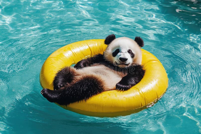 A Panda Bear Swimming and Relaxing in a Pool Stock Photo - Image of ...