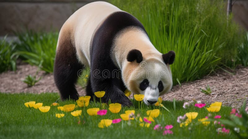 A Panda Bear Walking through a Lush Green Field of Flowers Stock Photo ...