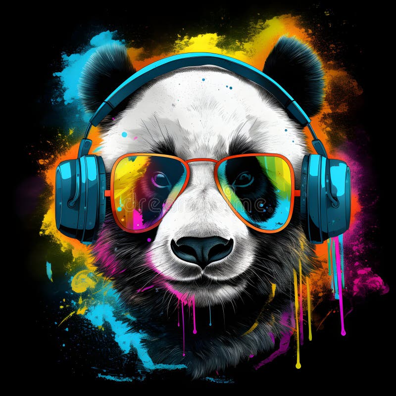 Panda Bear Wearing Headphones and Headphones with Paint Splatters ...