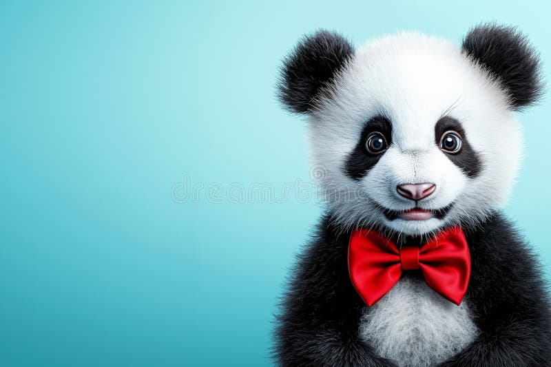A Panda Bear Wearing a Red Bow Tie on a Blue Background Stock ...