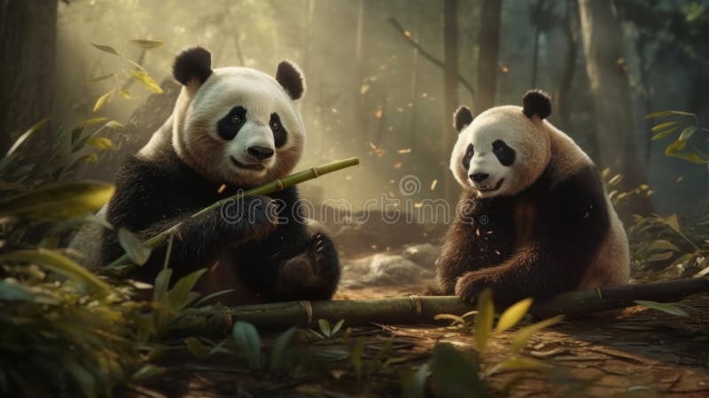 Panda Bears Having a Bamboo Feast in the Forest. Generative AI Stock ...