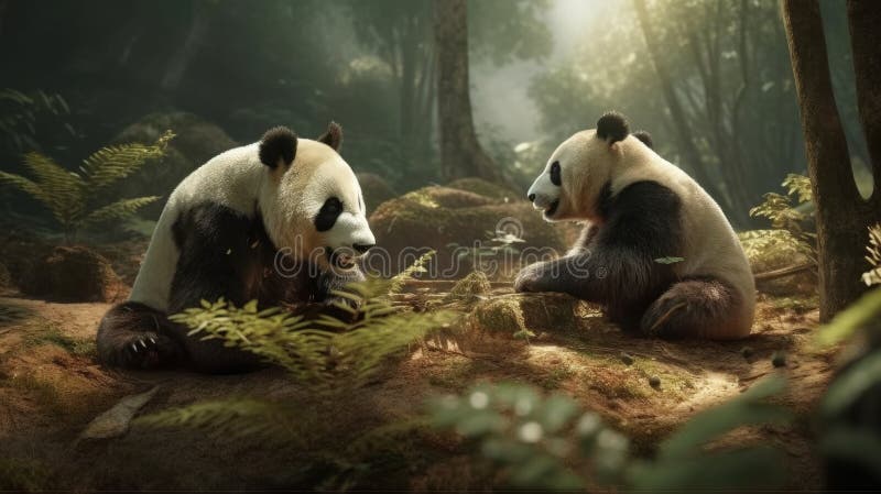 Panda Bears Having a Bamboo Feast in the Forest. Generative AI Stock ...