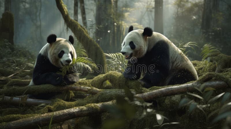 Panda Bears Having a Bamboo Feast in the Forest. Generative AI Stock ...