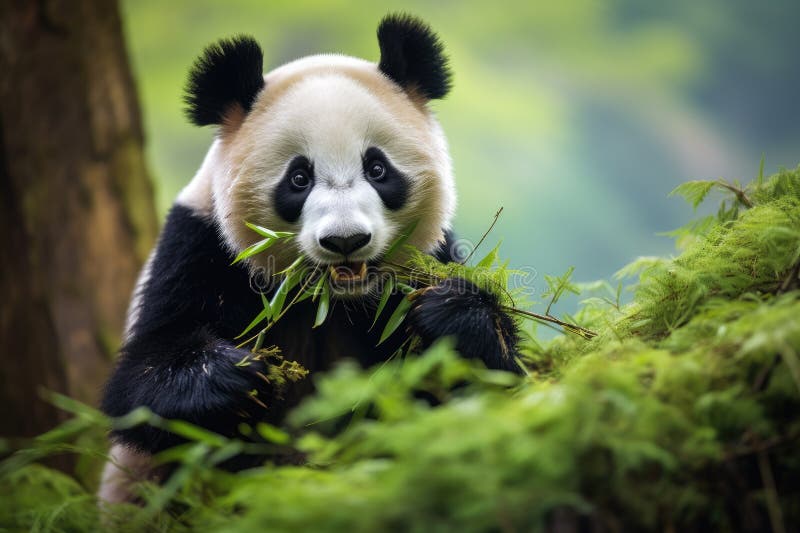 Panda Bears Munching on Bamboo in the Forest, Giant Panda Bears Eating ...