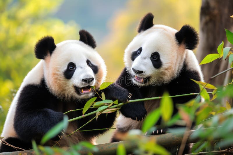 Panda Bears Munching on Bamboo in the Forest, Giant Panda Bears Eating ...