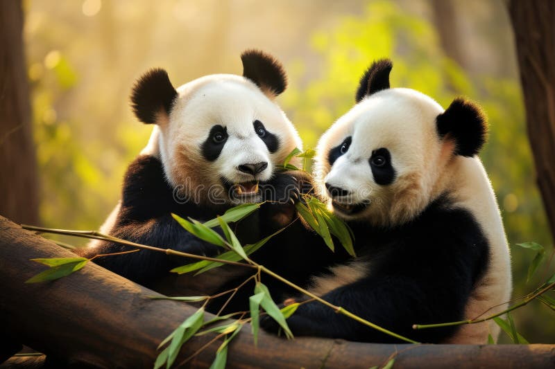 Panda Bears Munching on Bamboo in the Forest, Hungry Giant Panda Bear ...