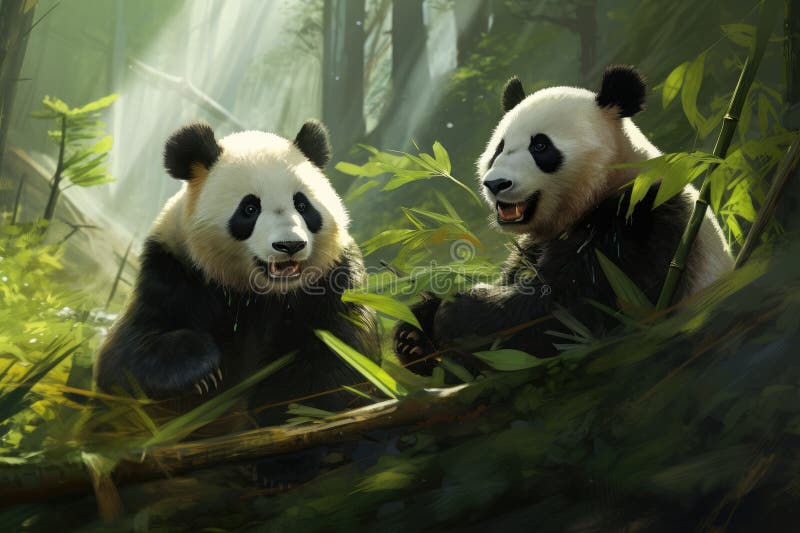 Panda Bears Munching on Bamboo in the Forest, Hungry Giant Panda Bear ...