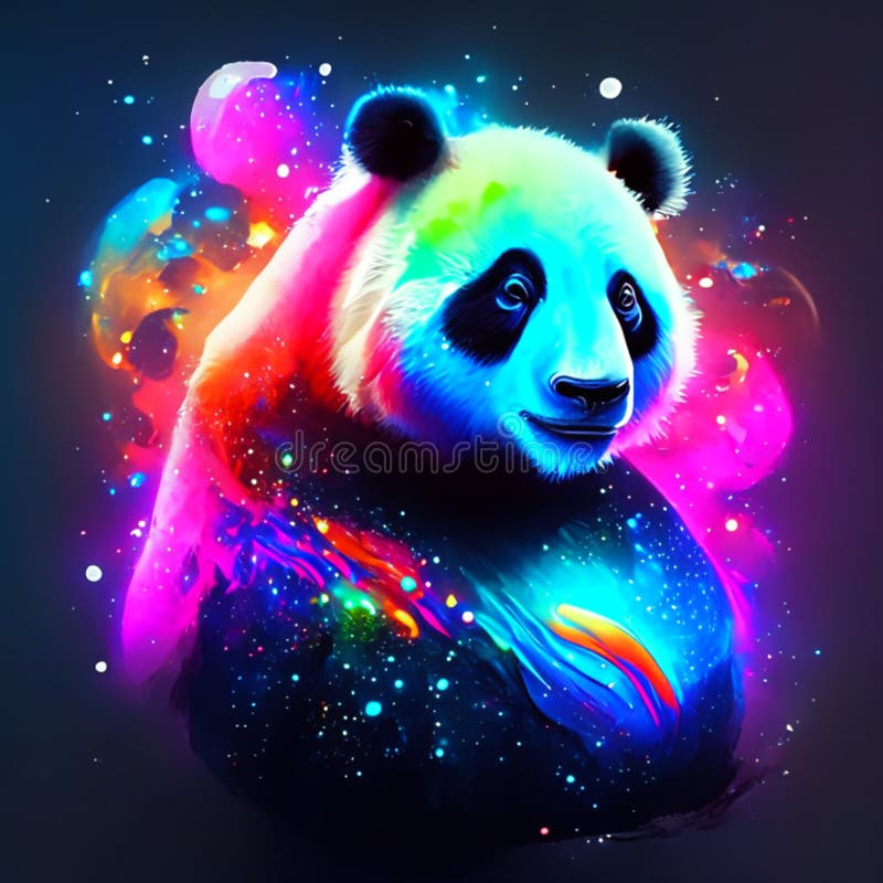 Panda with Bright Multicolored Neon Lights on a Dark Background AI ...
