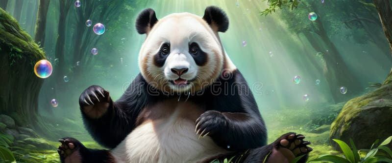 Panda with Bubbles in Mystical Forest Stock Photo - Image of bubbles ...