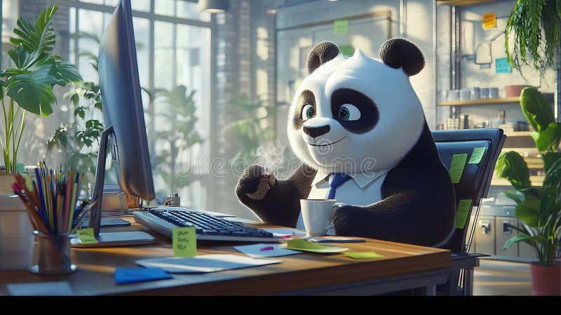 Panda Businessman Working at Computer in Modern Office Stock ...