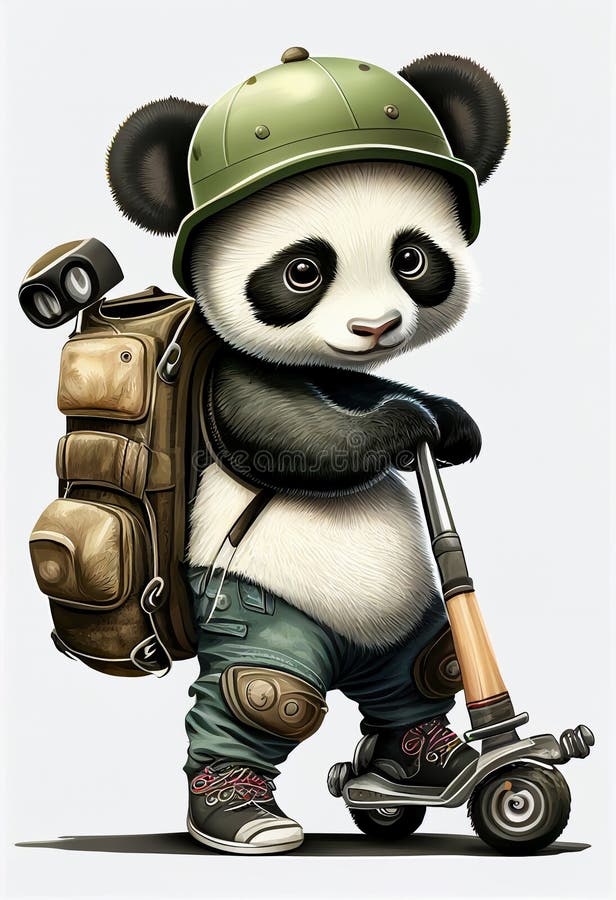 Panda in a Cap with a Backpack on a Scooter in Animation Style on a ...