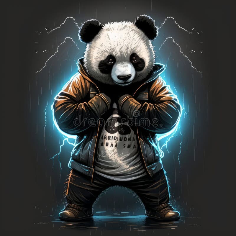 Panda Character with Thunder Lights on Black Background Generative AI ...