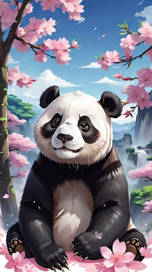 Panda and Cherry Blossom on Background, Vector Illustration. Stock ...