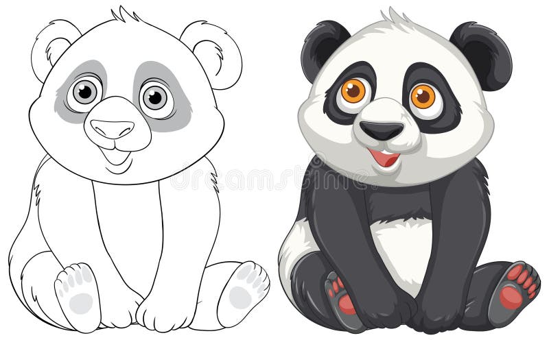 Panda with Colored and Outline Versions Stock Vector - Illustration of ...
