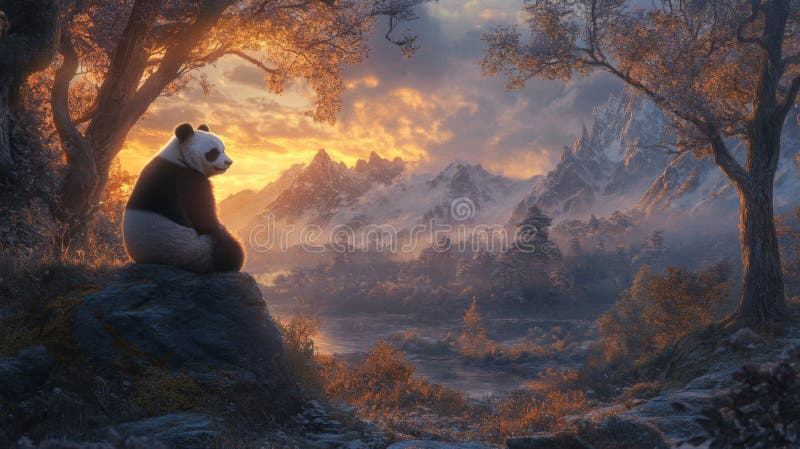 Panda Contemplates Majestic Mountain Sunset Landscape Stock ...