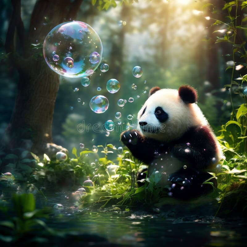 Panda Cub Playing with Floating Bubbles in a Magical Forest Stock Photo ...