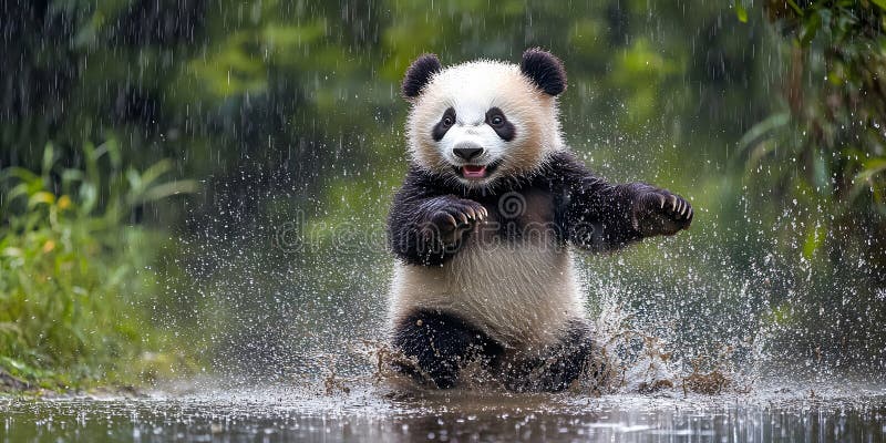 Panda Cub Playing in the Rain Stock Illustration - Illustration of wild ...