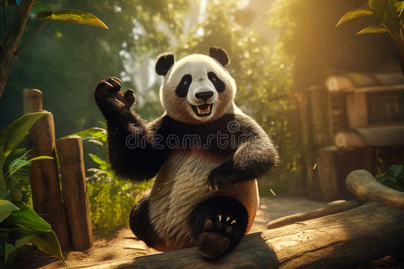 A Panda in a Dynamic Pose, a Panda on the Background of Nature Stock ...