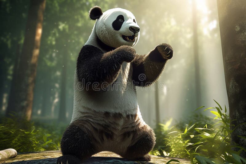A Panda in a Dynamic Pose, a Panda on the Background of Nature Stock ...