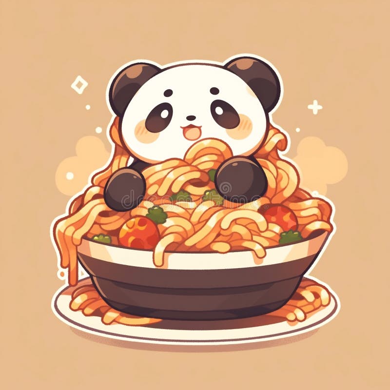 Panda Eat Noodle Animal Chibi Cartoon Style Isolated Plain Background ...