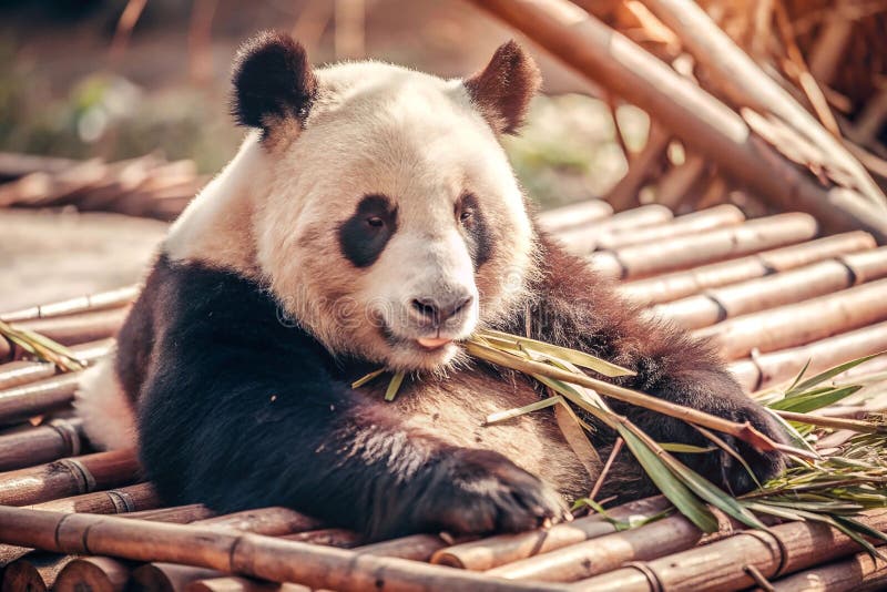 Panda Eating Bamboo in a Bamboo Enclosure Stock Illustration ...