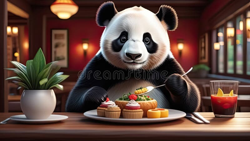 Panda Eating Food in the Restaurant. Cartoon Panda Stock Illustration ...