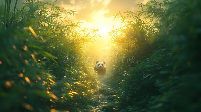 Panda Emerging Sunrise Bamboo Forest Path Stock Illustration ...